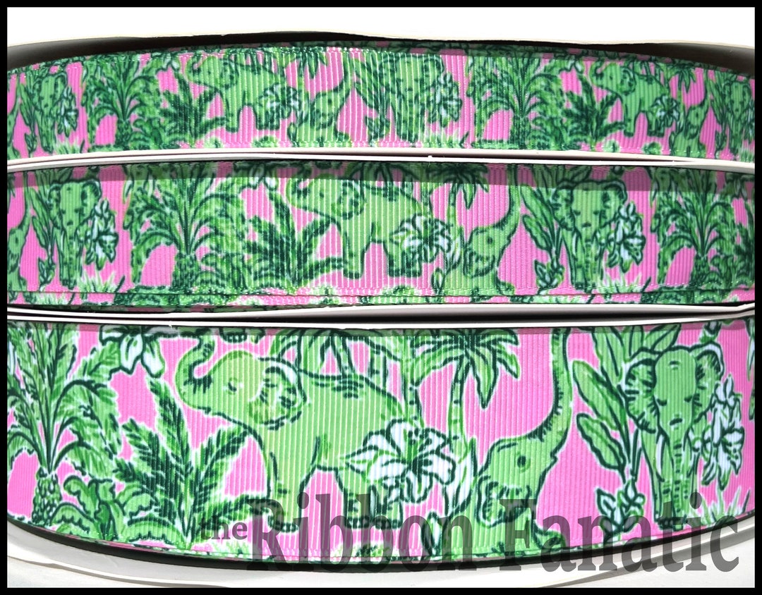 5yds 5/8" or 7/8" or 1.5" Pink Green Elephants Preppy Palm Beach Style ...