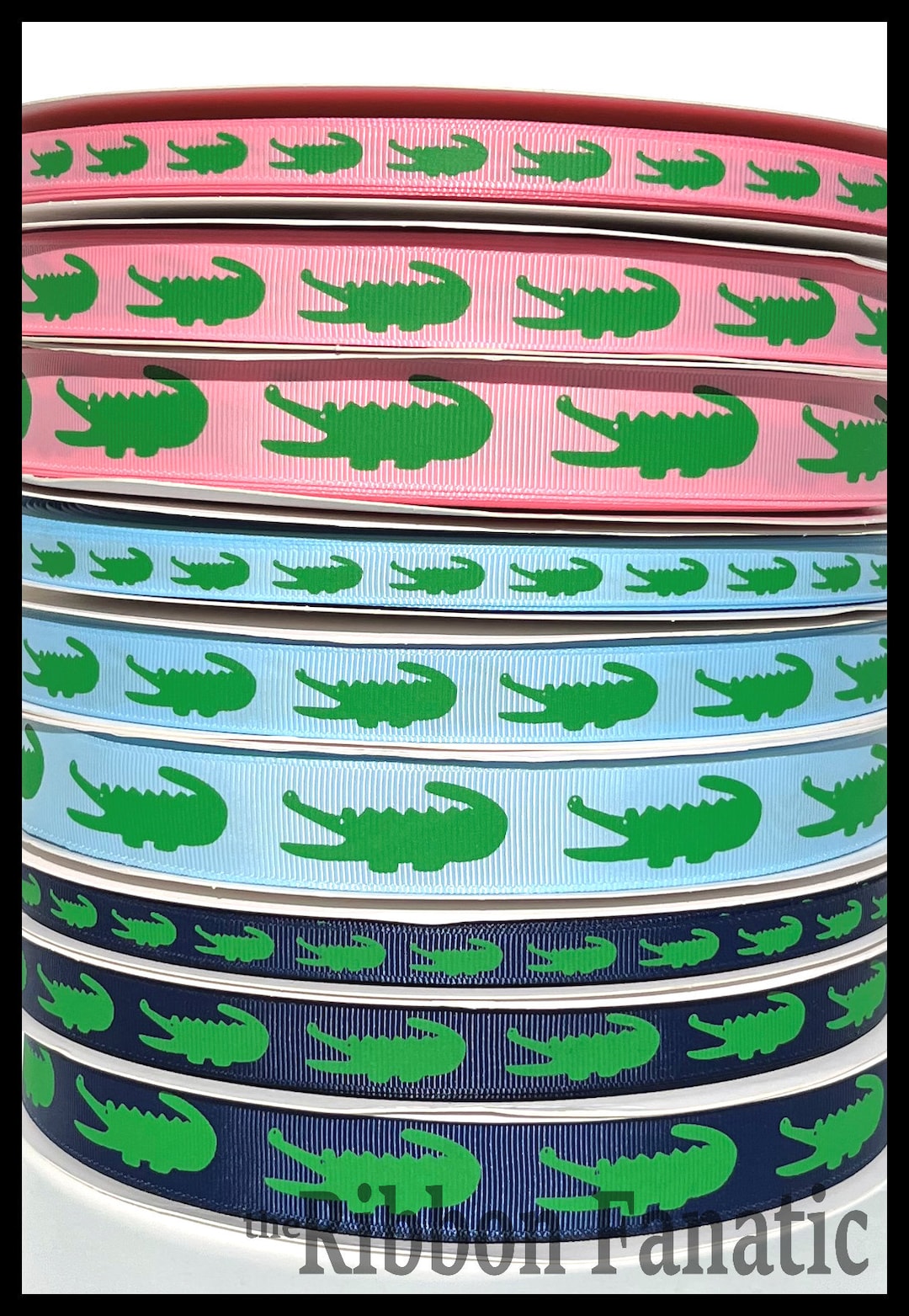 5yds 3/8" or 5/8" or 7/8" Preppy Green Alligators on Pink Light Blue ...