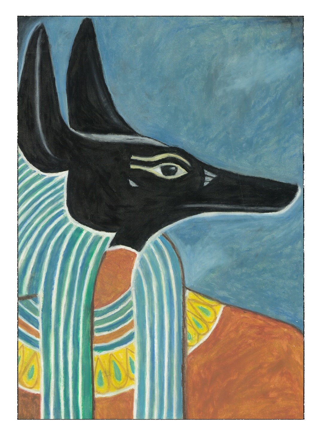 Anubis Print of Drawing Original Artwork in Oil Pastel Egyptian God Art ...
