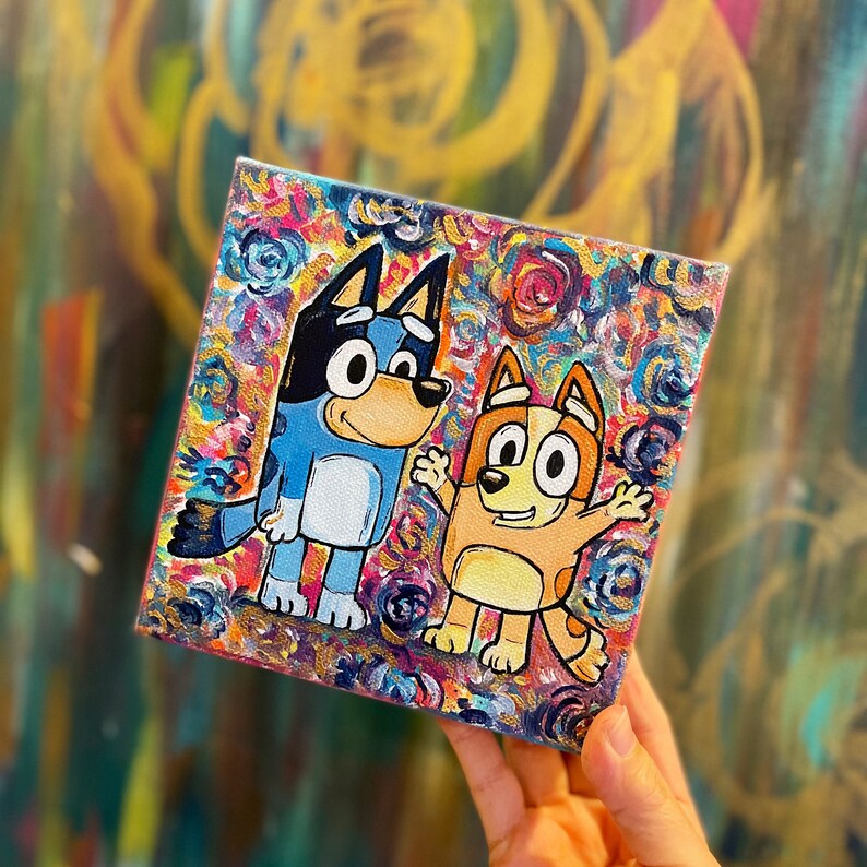 BLUEY Canvas Painting Handmade Bluey and Bingo Floral - Etsy