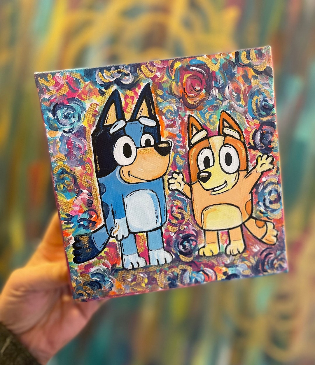 BLUEY Canvas Painting, Handmade, Bluey and Bingo, Floral, Sisters ...