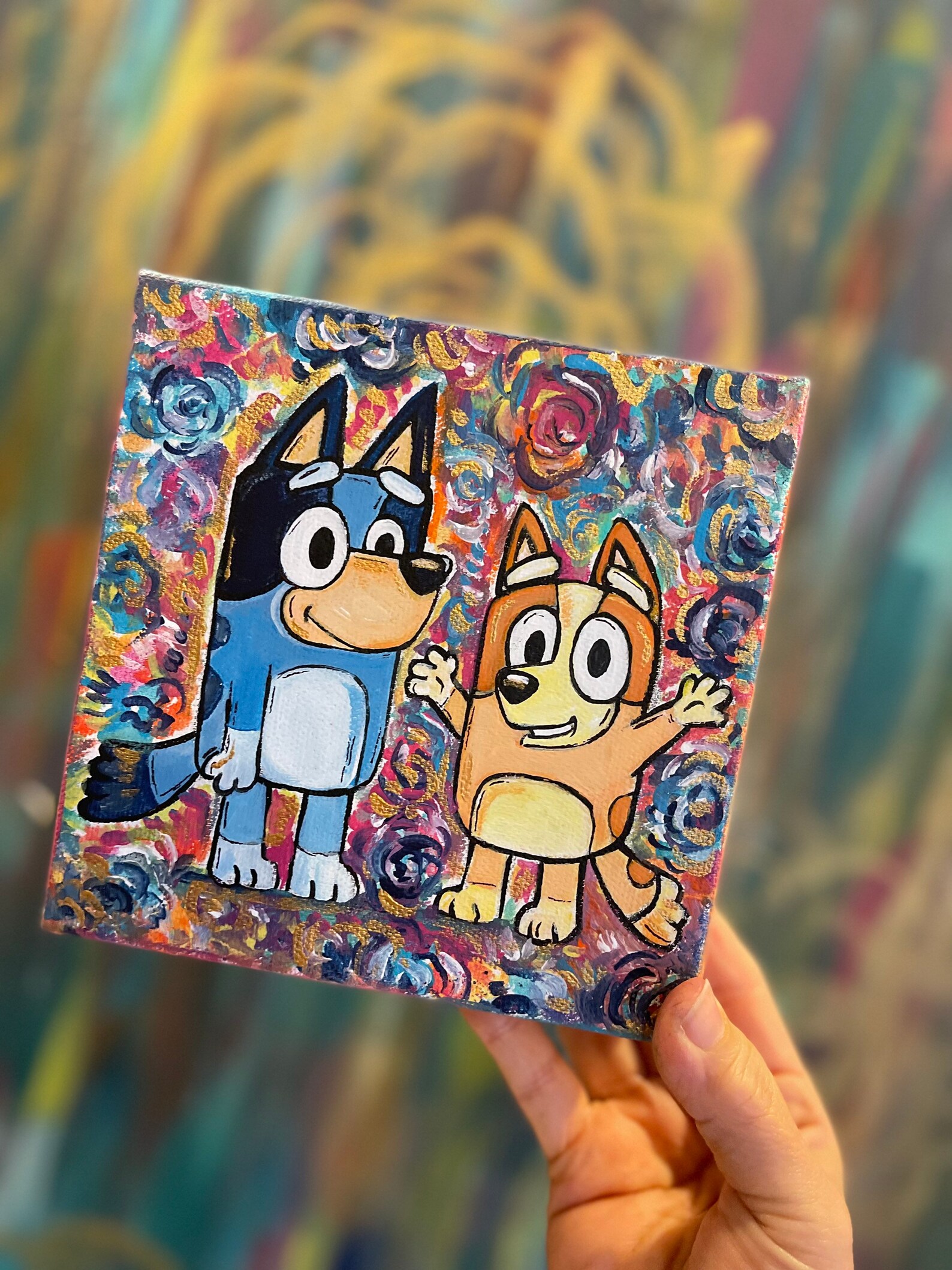 BLUEY Canvas Painting Handmade Bluey and Bingo Floral - Etsy