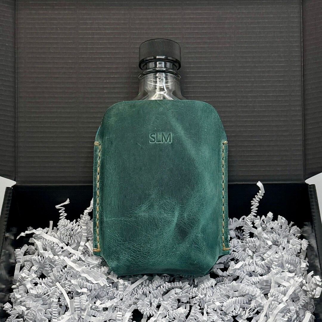 Personalized Blue-green Leather and Glass Flask - Great for Gift ...