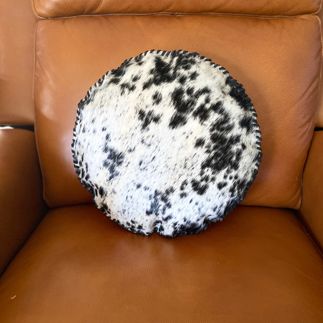 Round Black & White Cowhide Pillow With Whipstitch - Etsy