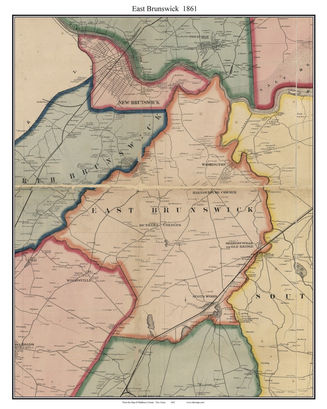 East Brunswick 1861 Old Town Map Custom Print - New Jersey - Middlesex ...