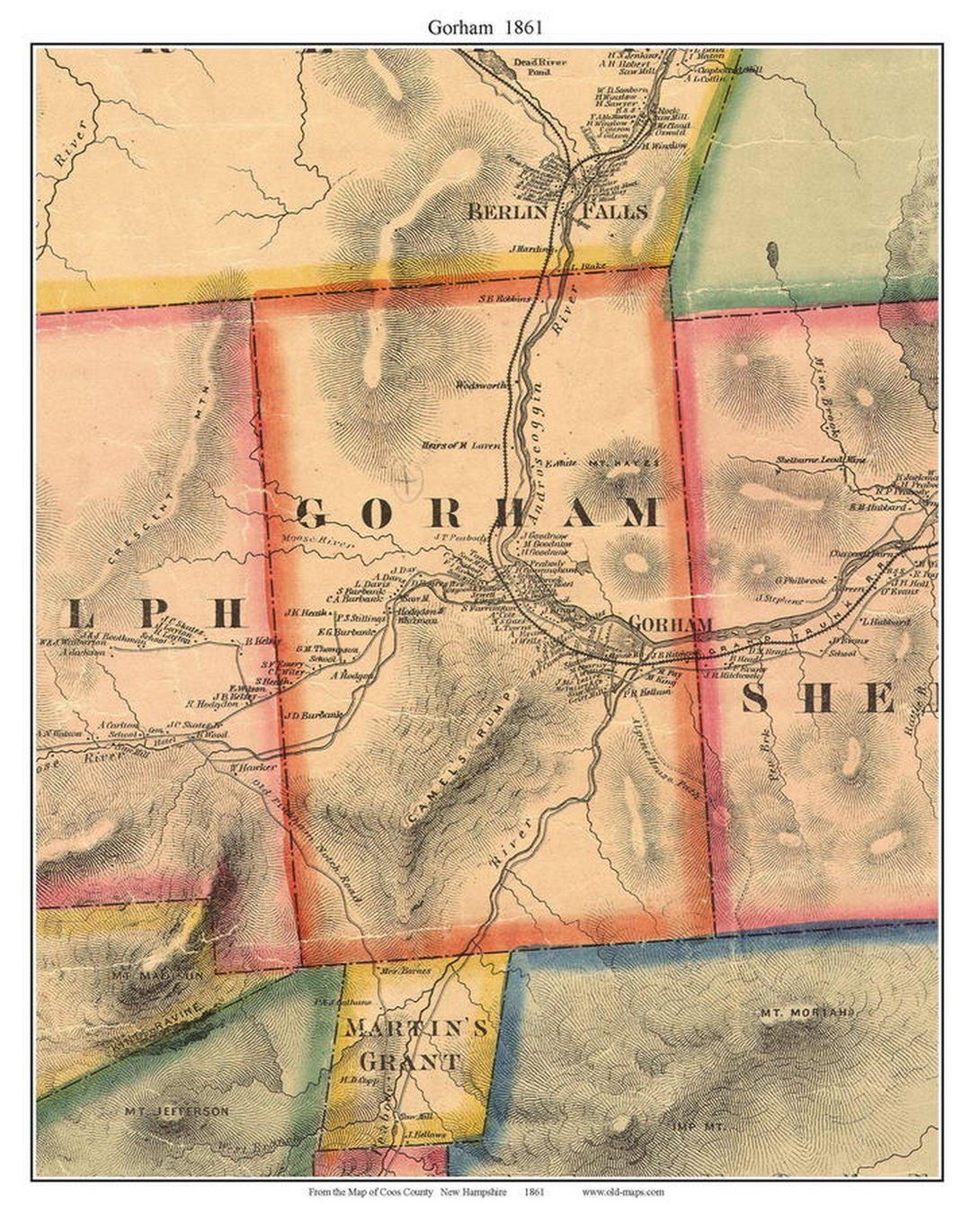 Gorham 1861 Old Town Map With Homeowner Names New Hampshire - Reprint ...