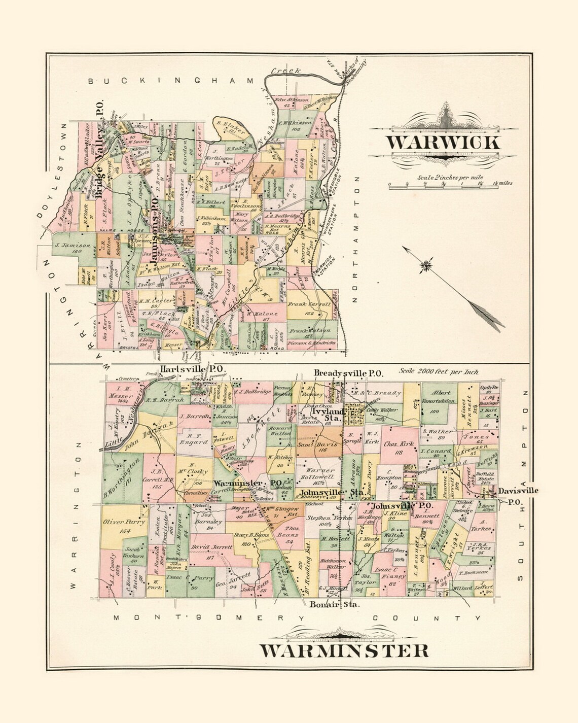 Warwick and Warminster 1891 Old Town Map With Homeowner Names - Etsy