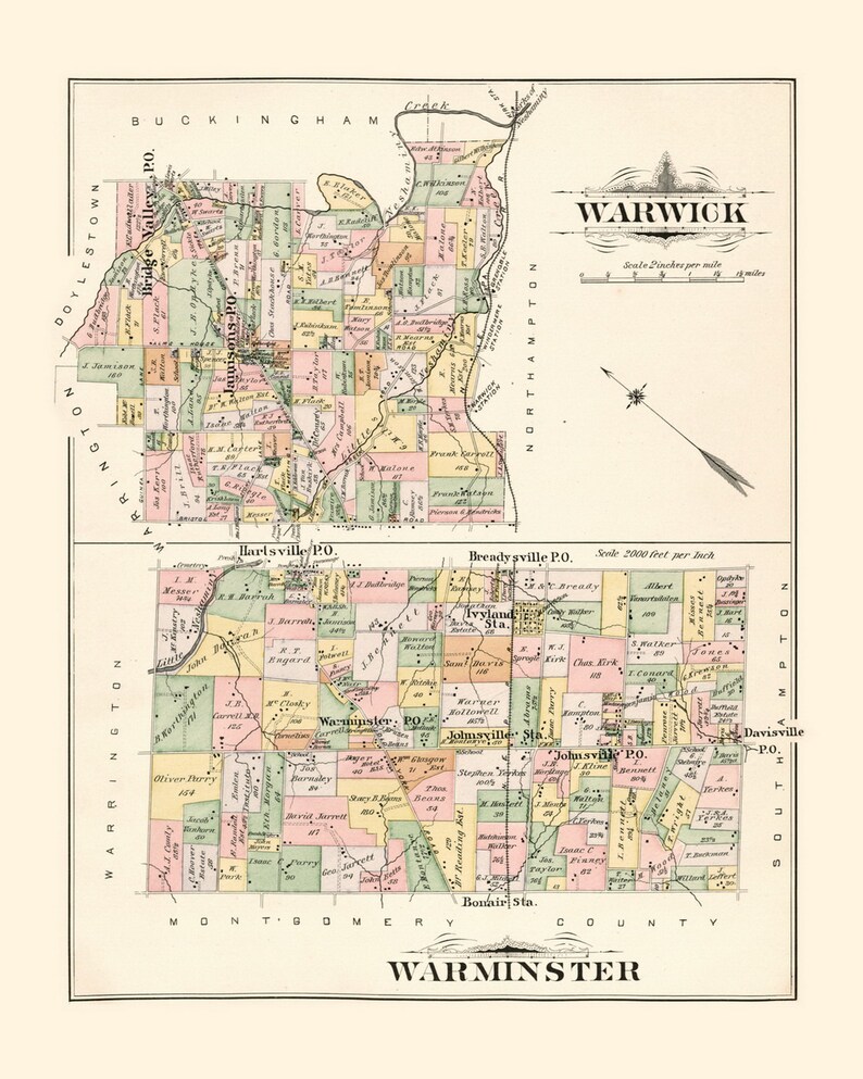 Warwick and Warminster 1891 Old Town Map With Homeowner Names - Etsy