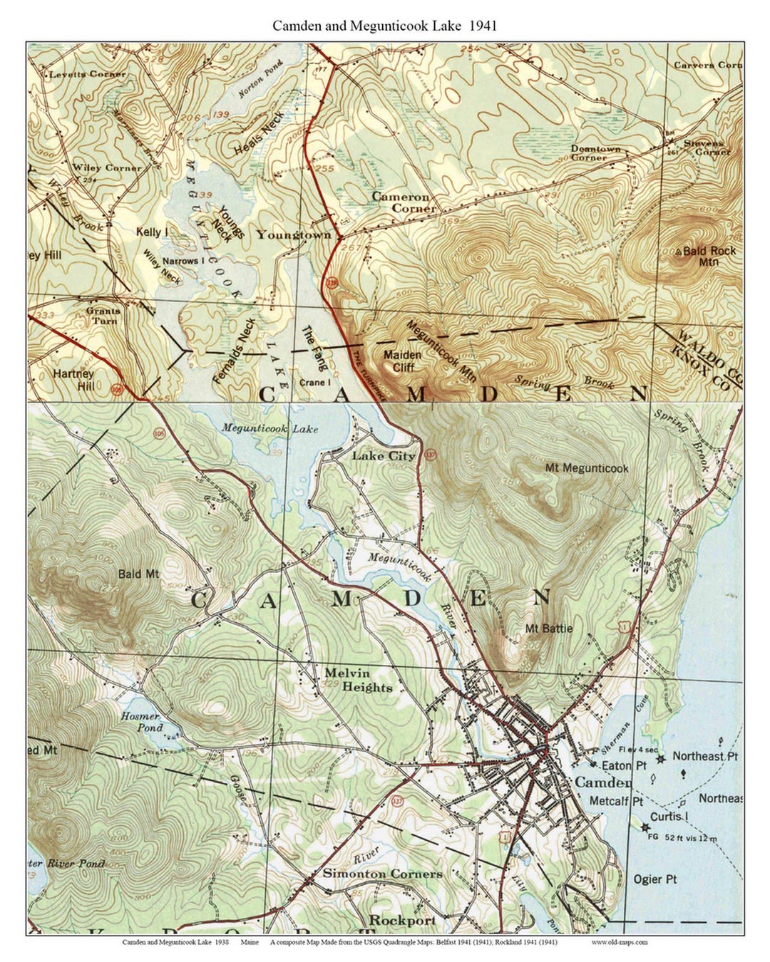 Camden and Megunticook Lake 1941 Old Topographic Map USGS - Custom ...