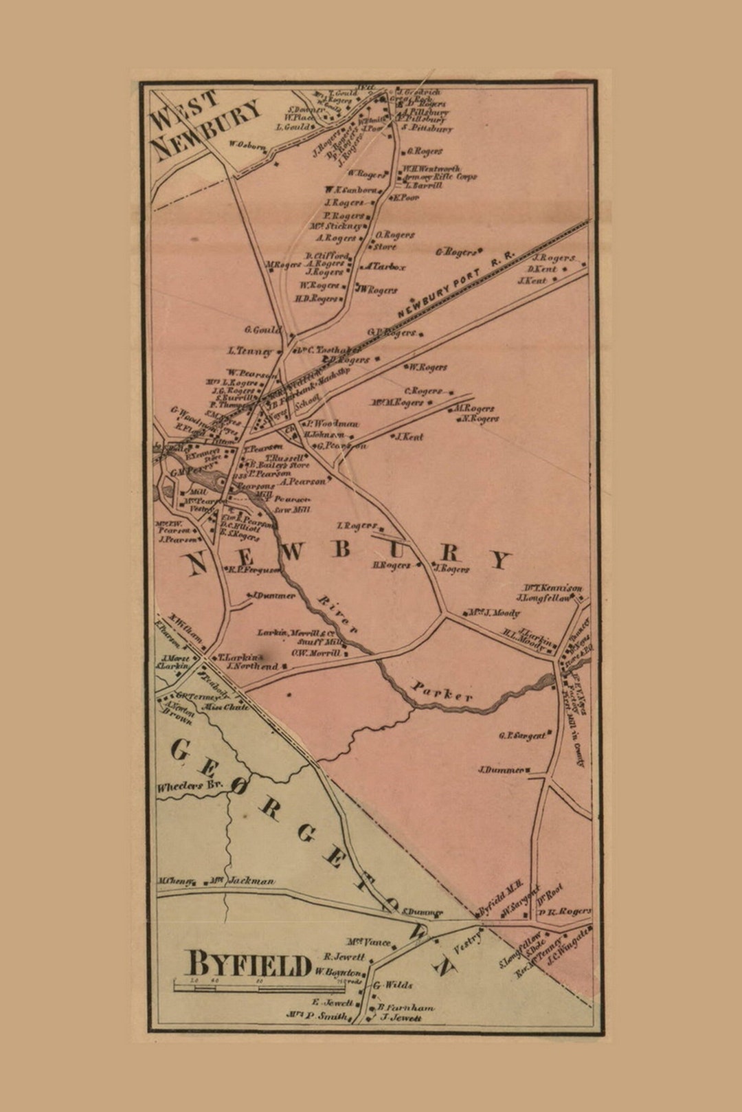 Byfield Village, Newbury, Massachusetts 1856 Old Town Map With ...