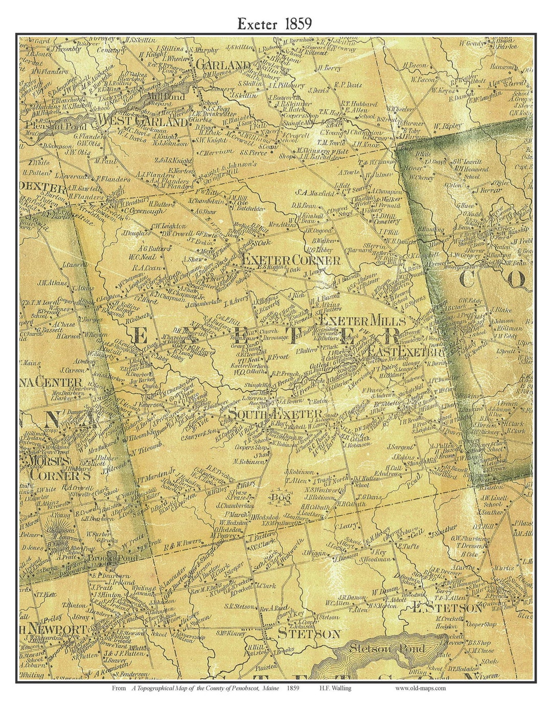 Exeter 1859 Old Town Map With Homeowner Names Maine - Reprint Genealogy ...