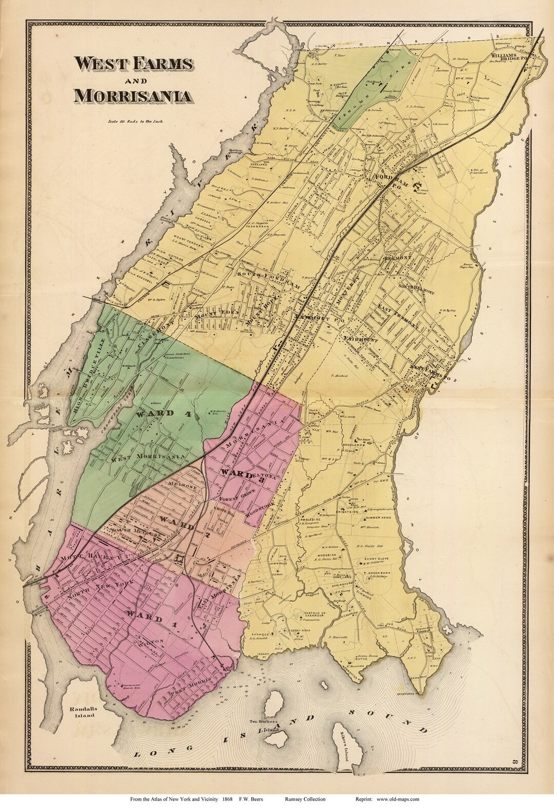 West Farms & Morrisania 1868 Old Town Map Reprint Westchester Co. New ...