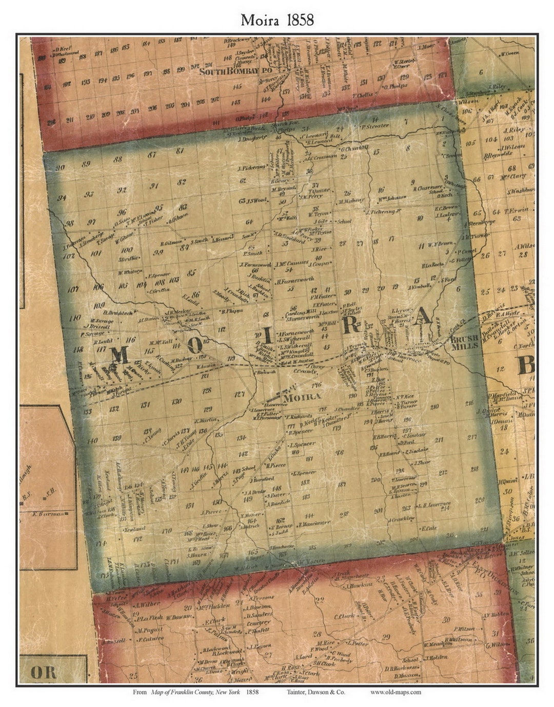 Moira 1858 Old Town Map With Homeowner Names New York Brush's Mills ...