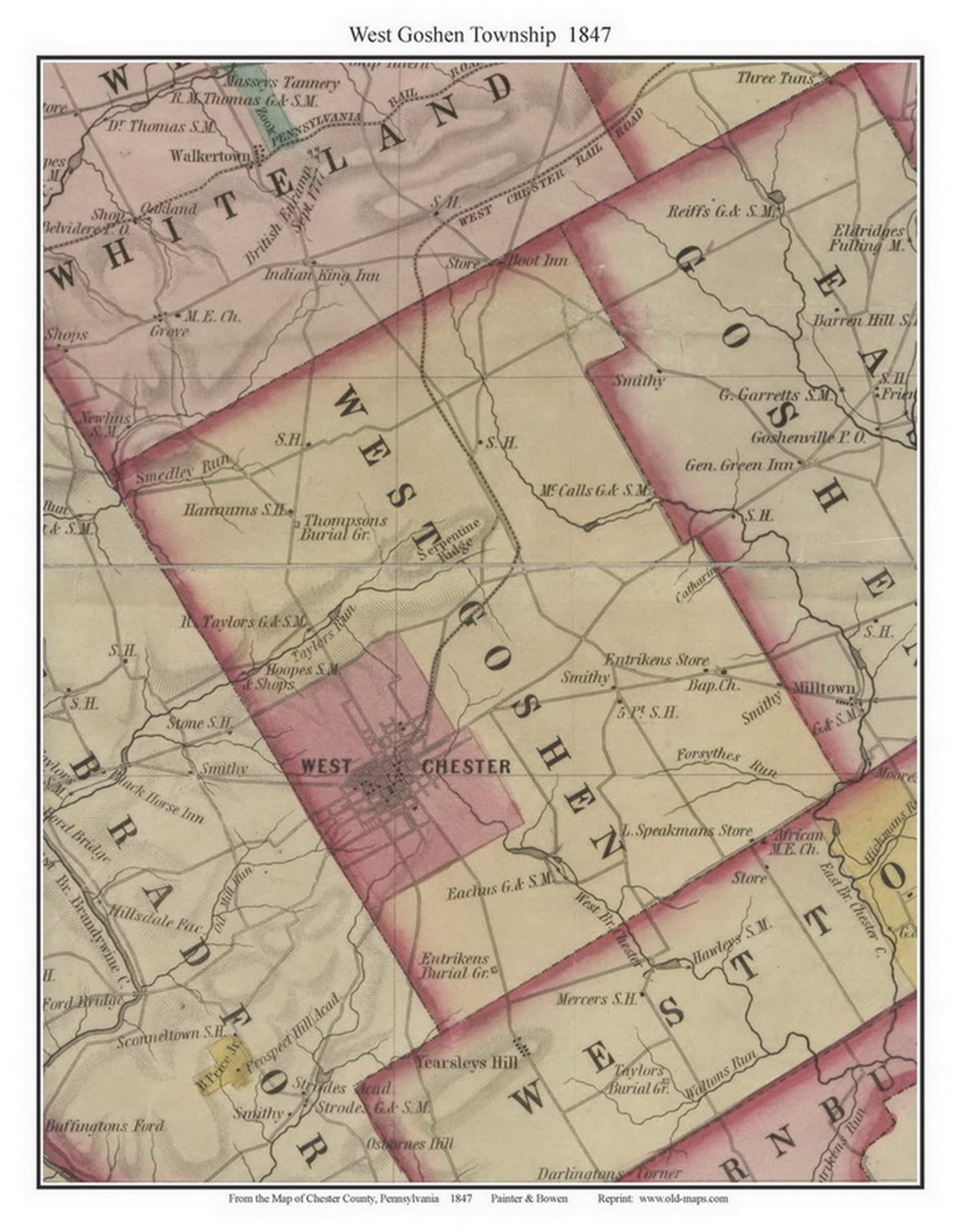 West Goshen 1847 Old Town Map With Homeowner Names Pennsylvania Reprint ...