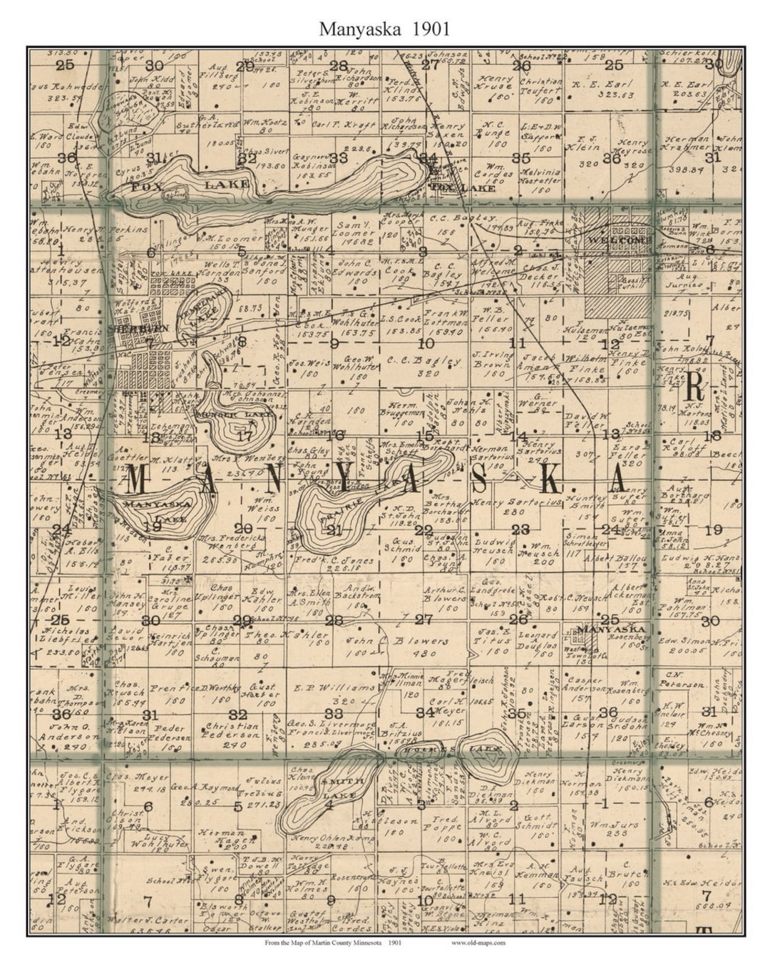 Manyaska 1902 - Sherburn - Old Town Map With Homeowner Names Minnesota ...