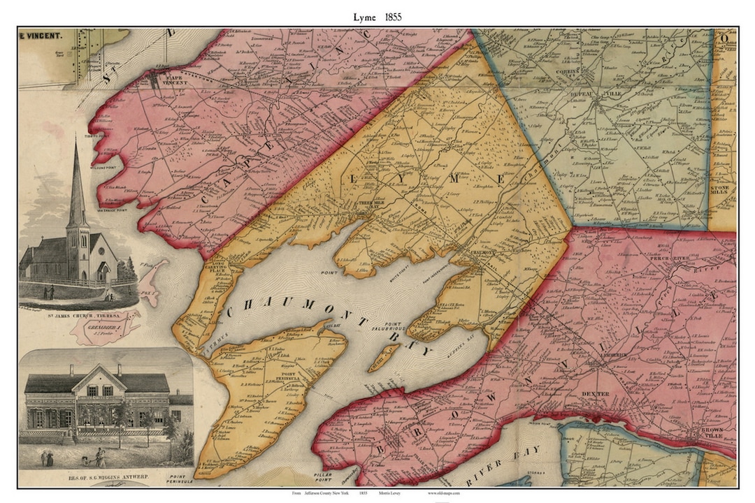 Lyme 1855 Old Town Map With Homeowner Names New York Chaumont Bay Three ...