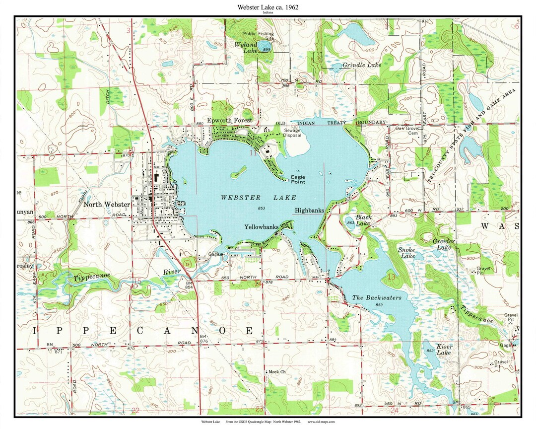 Webster Lake 1962 Old Topographic Map USGS - the Backwaters - Epworth ...