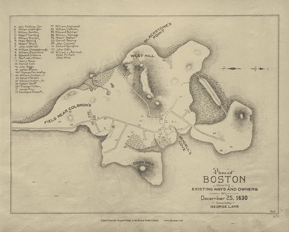 Boston 1630 Map Old House Sites Reconstruction Map Reprint | Etsy