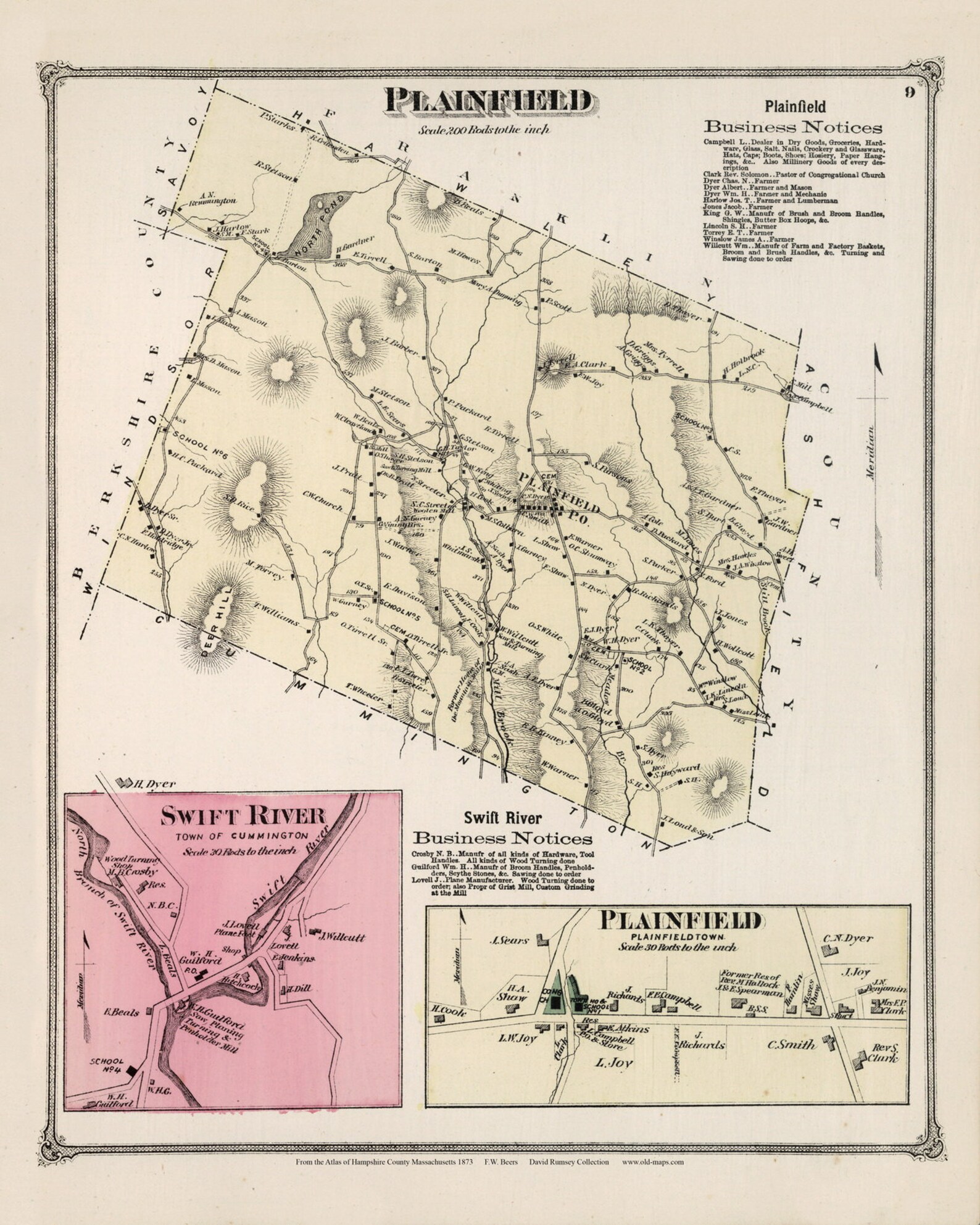 Plainfield & Swift River 1873 Old Town Map Reprint Hampshire County ...
