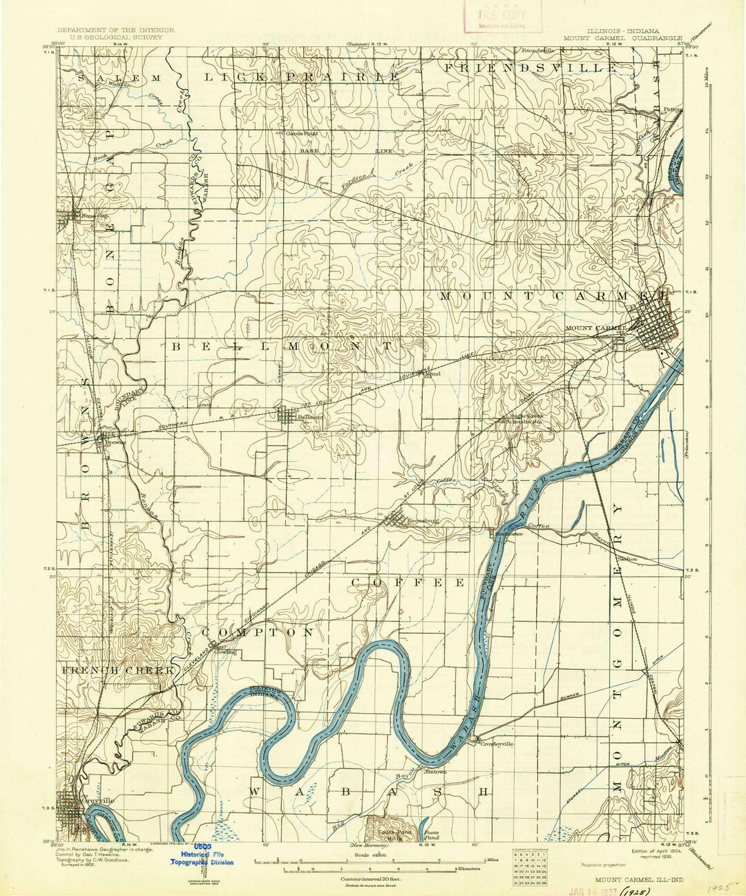 Mount Carmel 1904 1936 Old Topo Map Grayville Quad Reprint 15x15 USGS ...