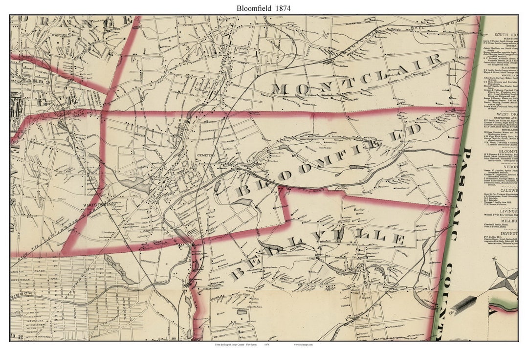 Bloomfield 1874 Old Town Map With Homeowner Names New Jersey Reprint ...