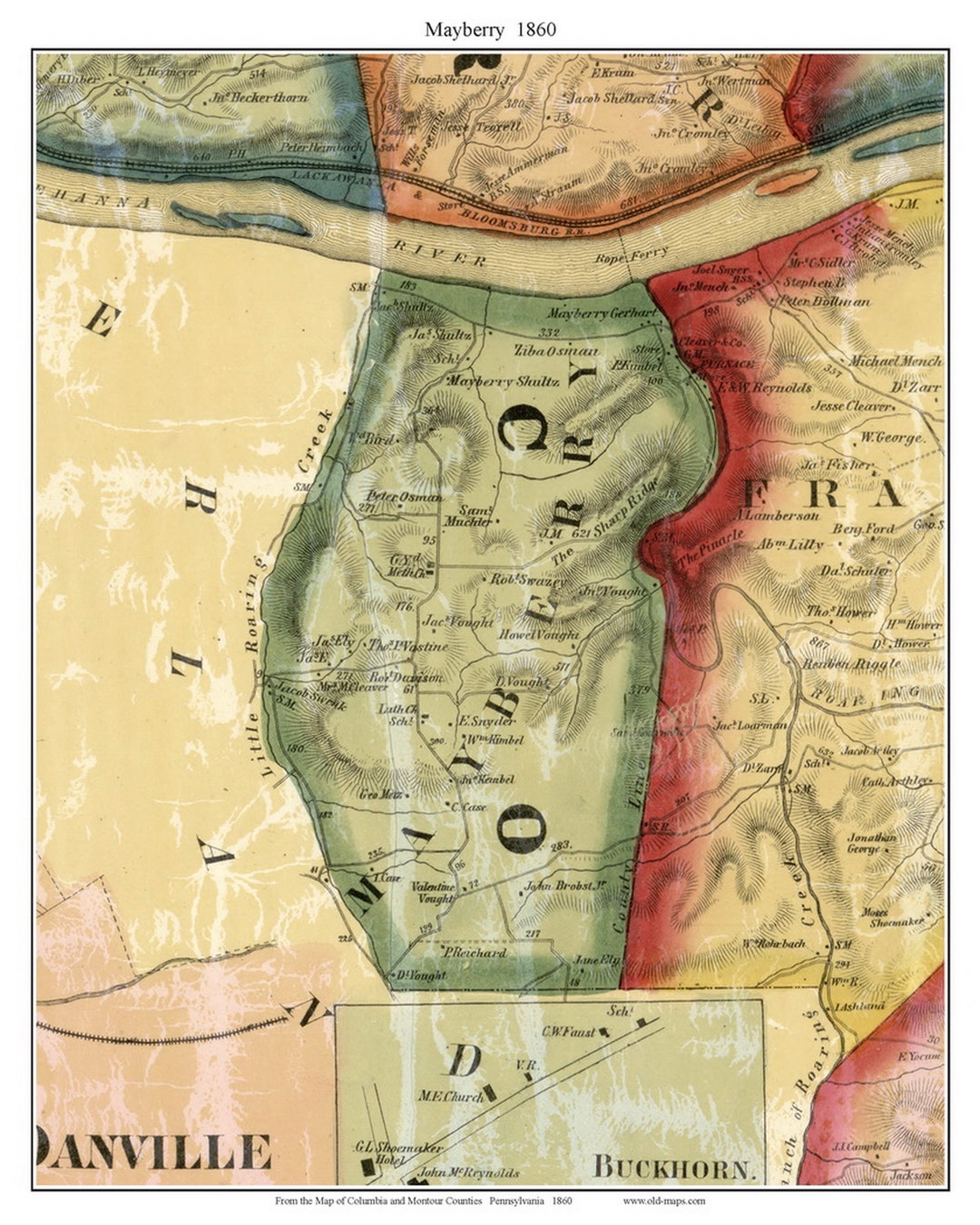 Mayberry 1860 Old Town Map With Homeowner Names Pennsylvania Reprint ...