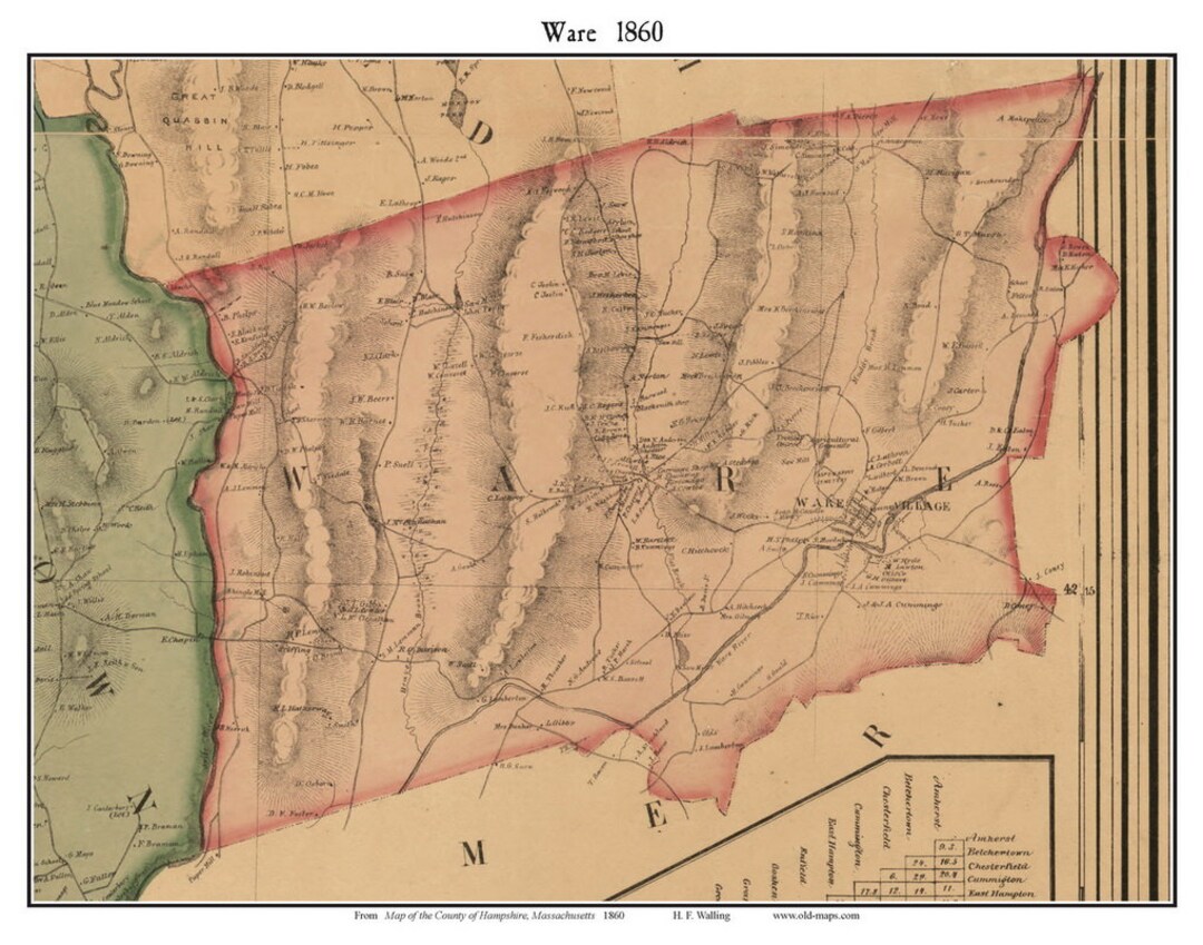 Ware 1860 Old Town Map With Homeowner Names Massachusetts - Reprint ...