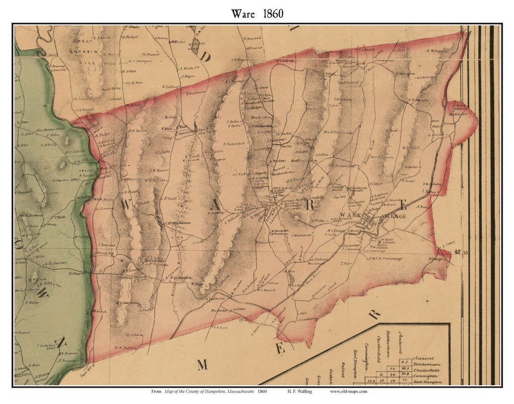 Ware 1860 Old Town Map With Homeowner Names Massachusetts Reprint ...