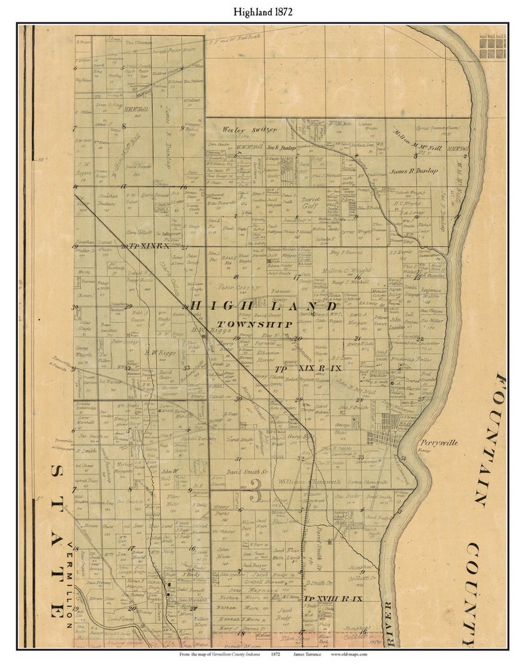 Highland 1872 Old Town Map With Homeowner Names Indiana Perrysville ...