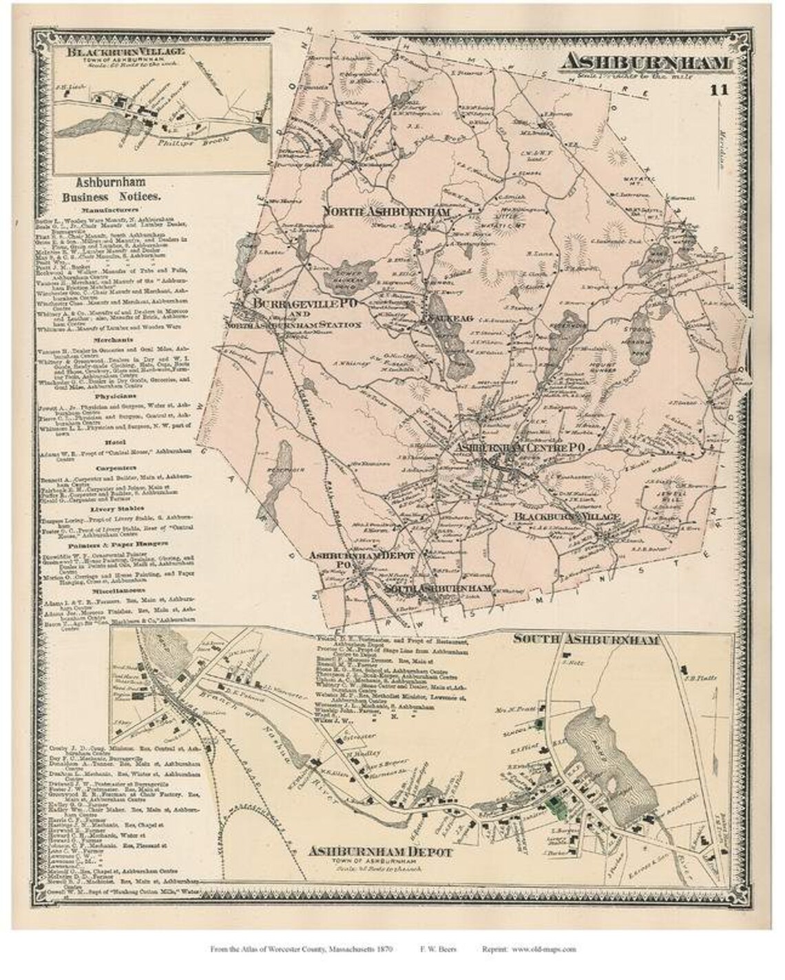Ashburnham 1870 Old Town Map With Homeowner Names - Etsy
