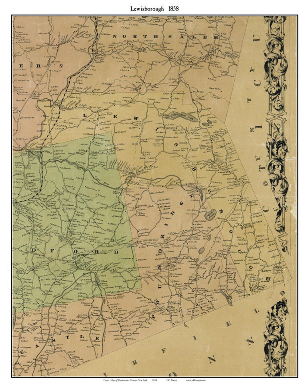 Lewisborough 1858 Old Town Map With Homeowner Names New York Lewisboro ...