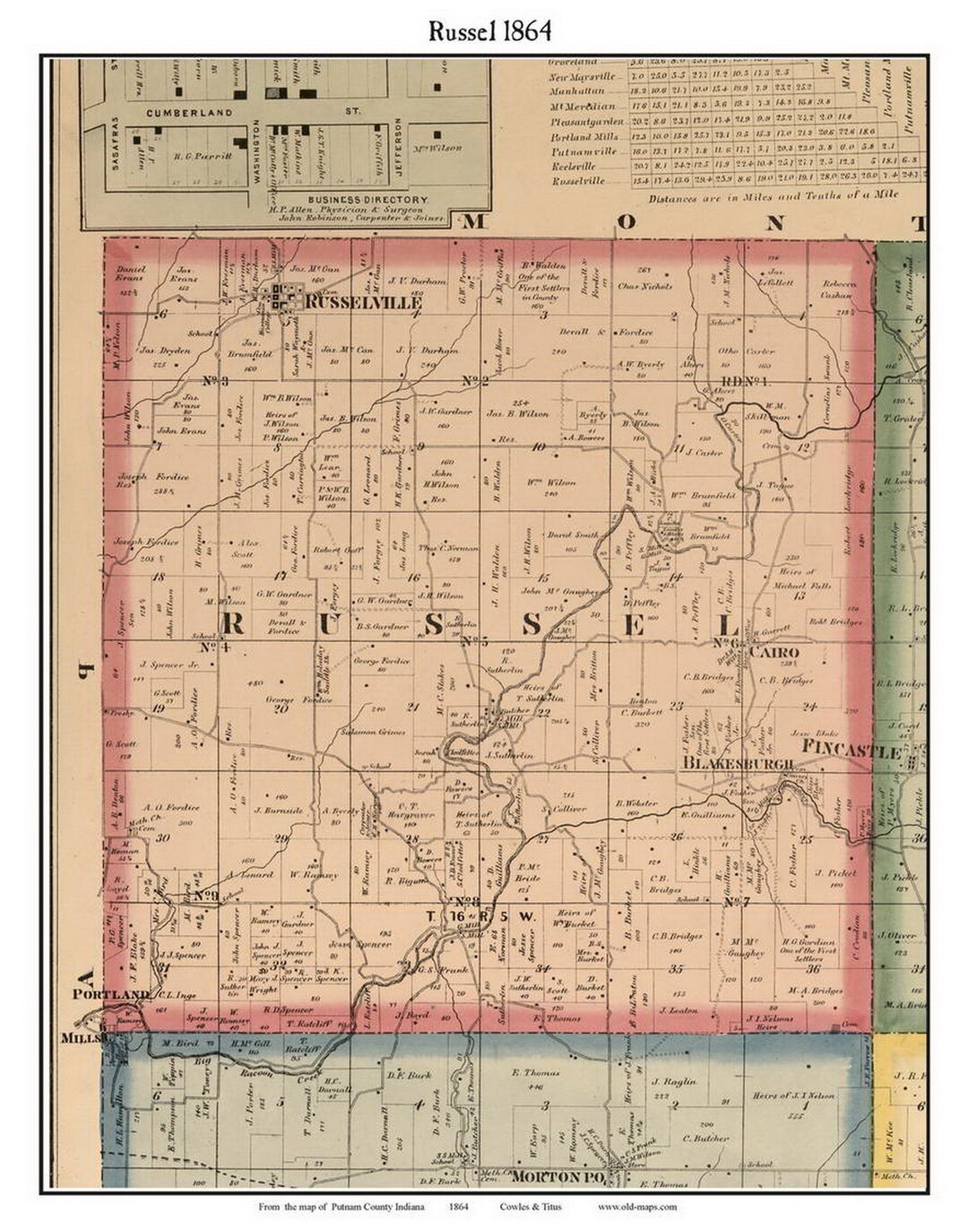 Russel 1864 Old Town Map With Homeowner Names Indiana Russell ...