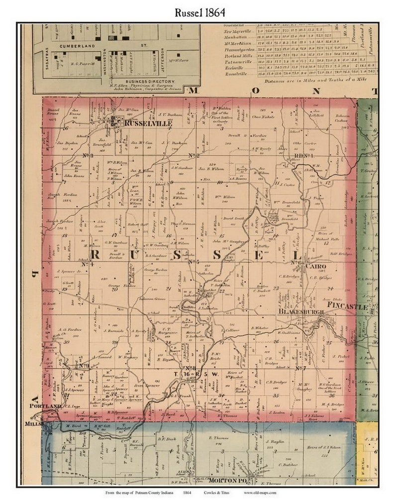 Russel 1864 Old Town Map With Homeowner Names Indiana Russell ...
