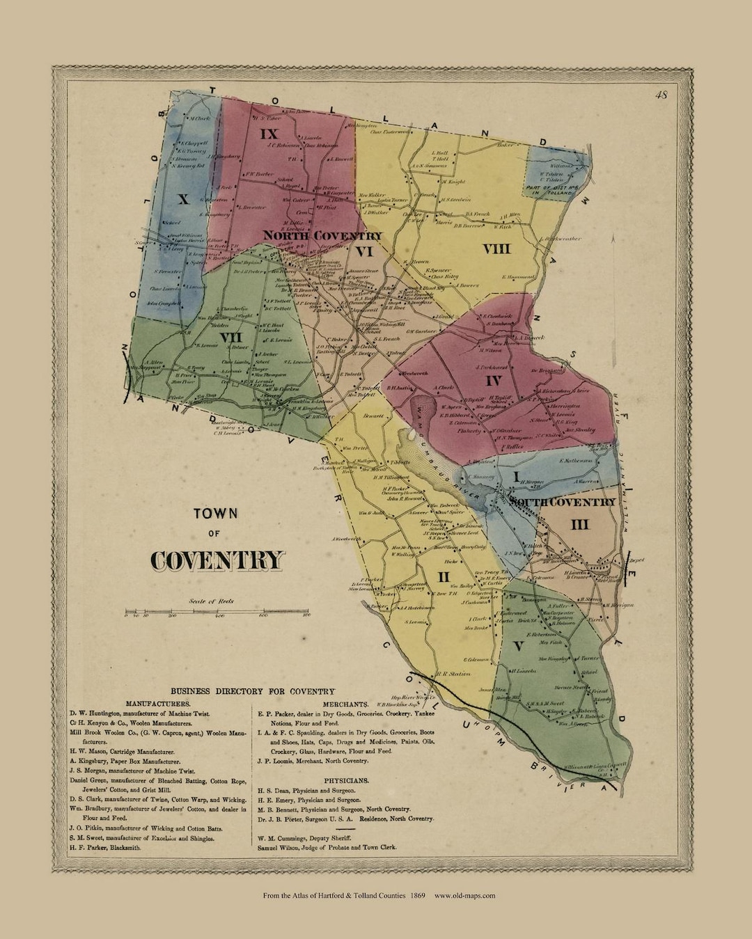 Coventry 1869 Old Town Map With Homeowner Names Connecticut - Reprint ...