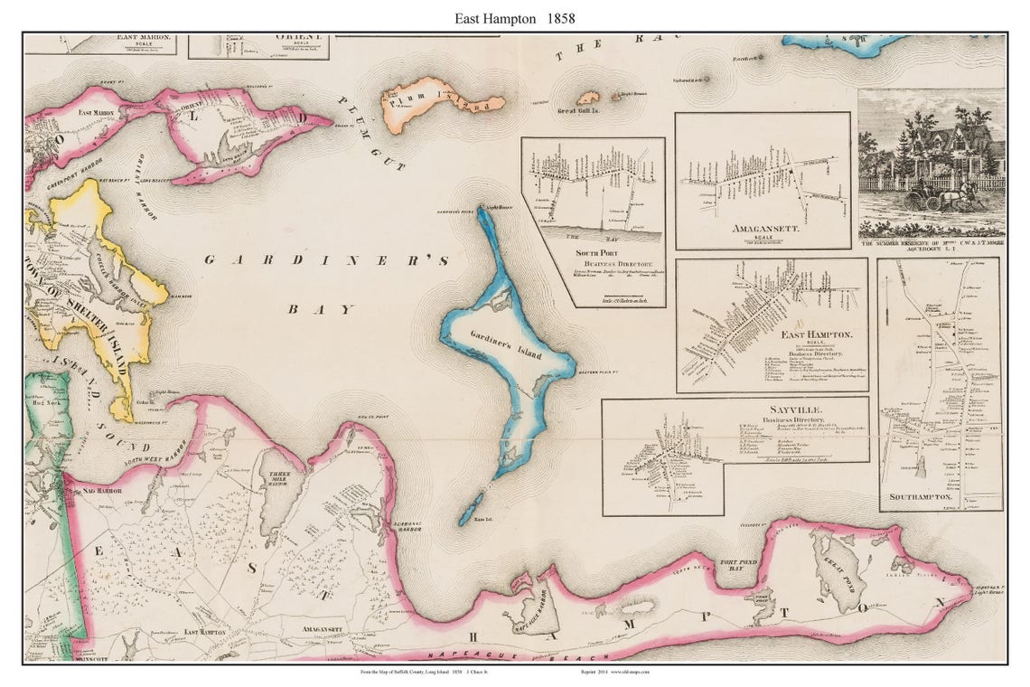 East Hampton New York 1858 Map Gardiners Island Montauk Point - Etsy