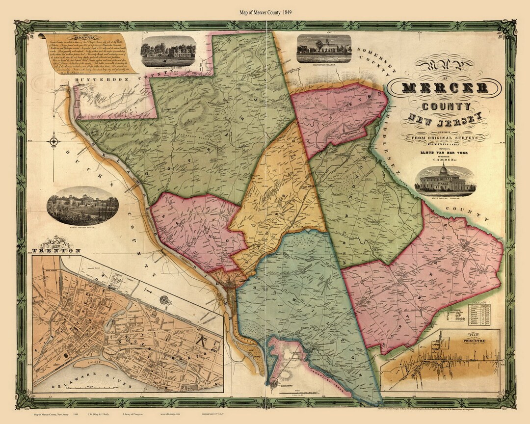Mercer County New Jersey 1849 Wall Map - Reprint With Homeowner Names ...