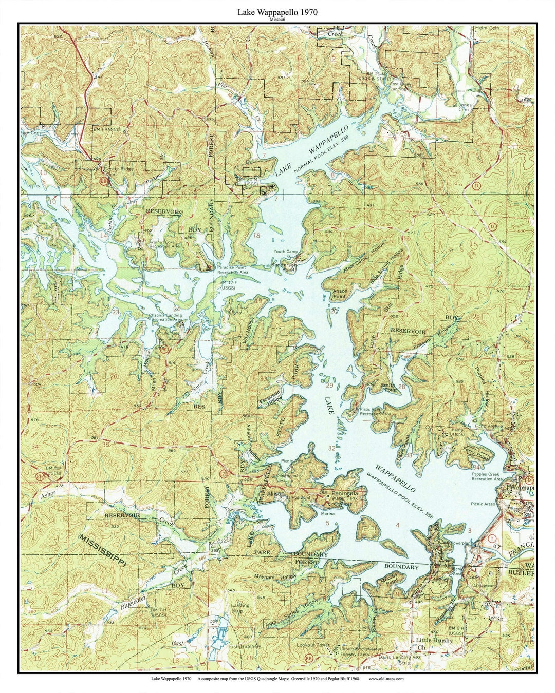 Lake Wappapello 1970 Old Map Topo Custom Composite USGS Reprint ...
