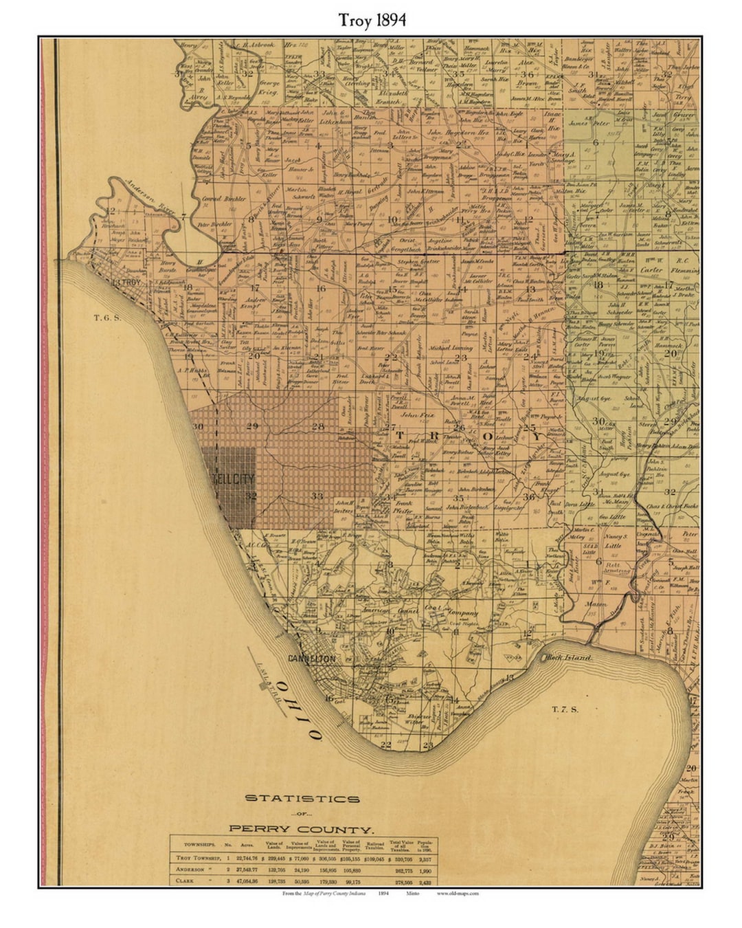 Troy 1894 Old Town Map With Homeowner Names Indiana Tell City ...