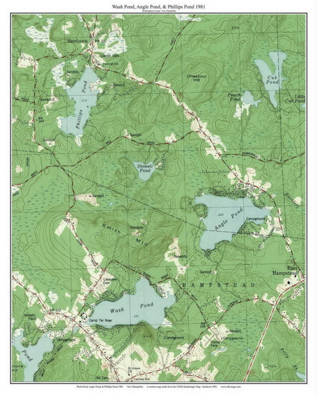 Wash Pond, Angle Pond, & Phillips Pond 1981 Old Topographic Map ...