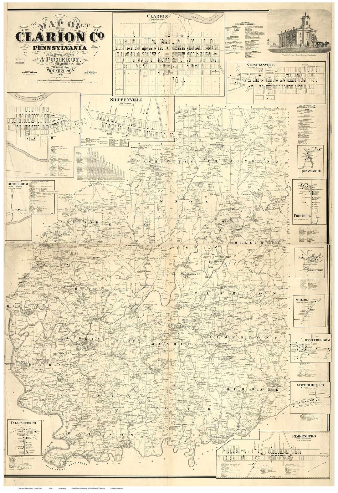 Clarion County Pennsylvania 1865 BW - Old Wall Map With Homeowner Names ...