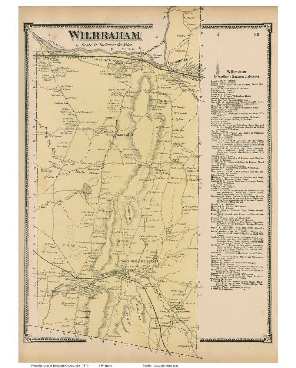 Wilbraham 1870 Old Town Map Reprint Hampden County, Massachusetts ...