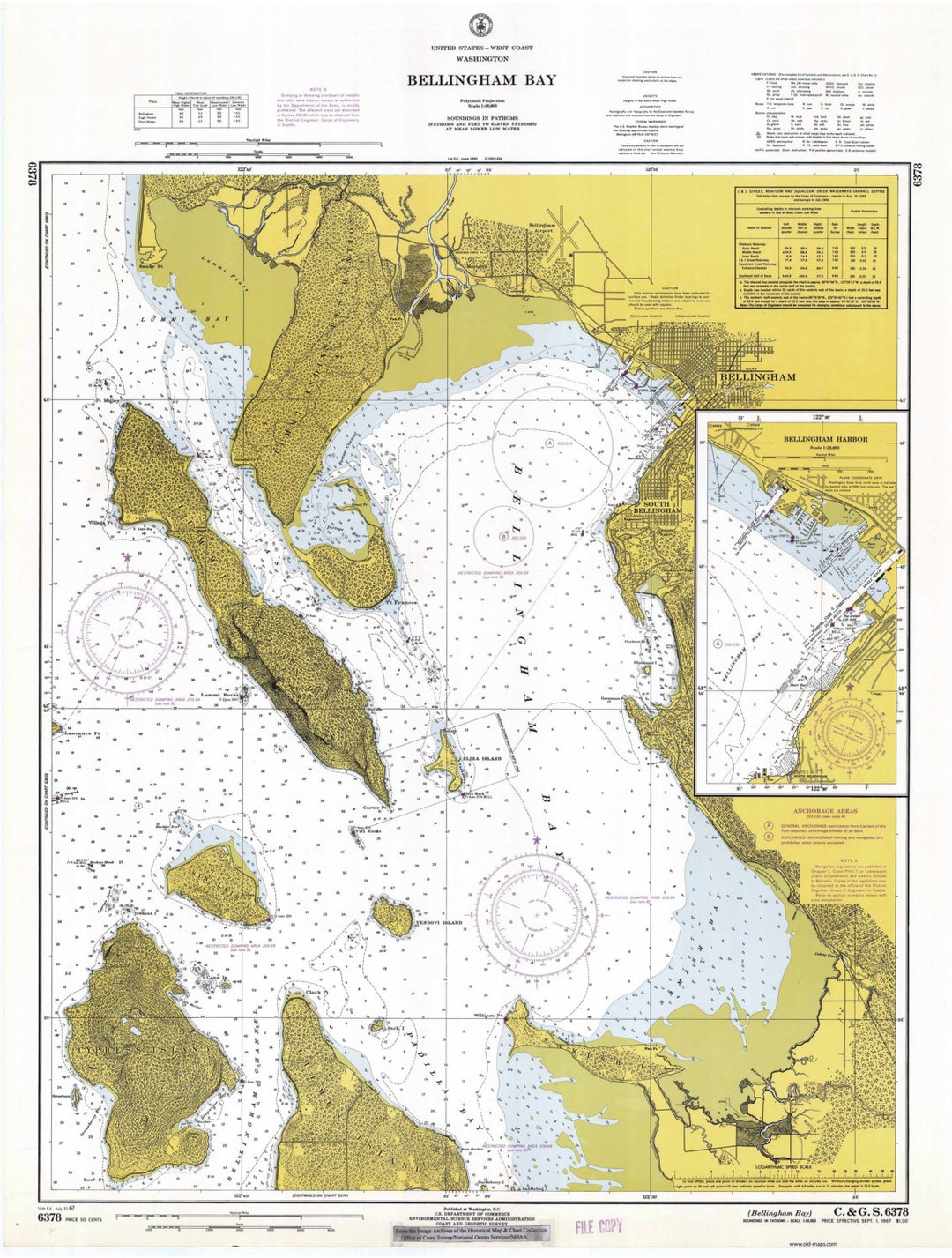 Bellingham Bay 1967 Nautical Map, Washington Reprint PC Harbors Puget ...