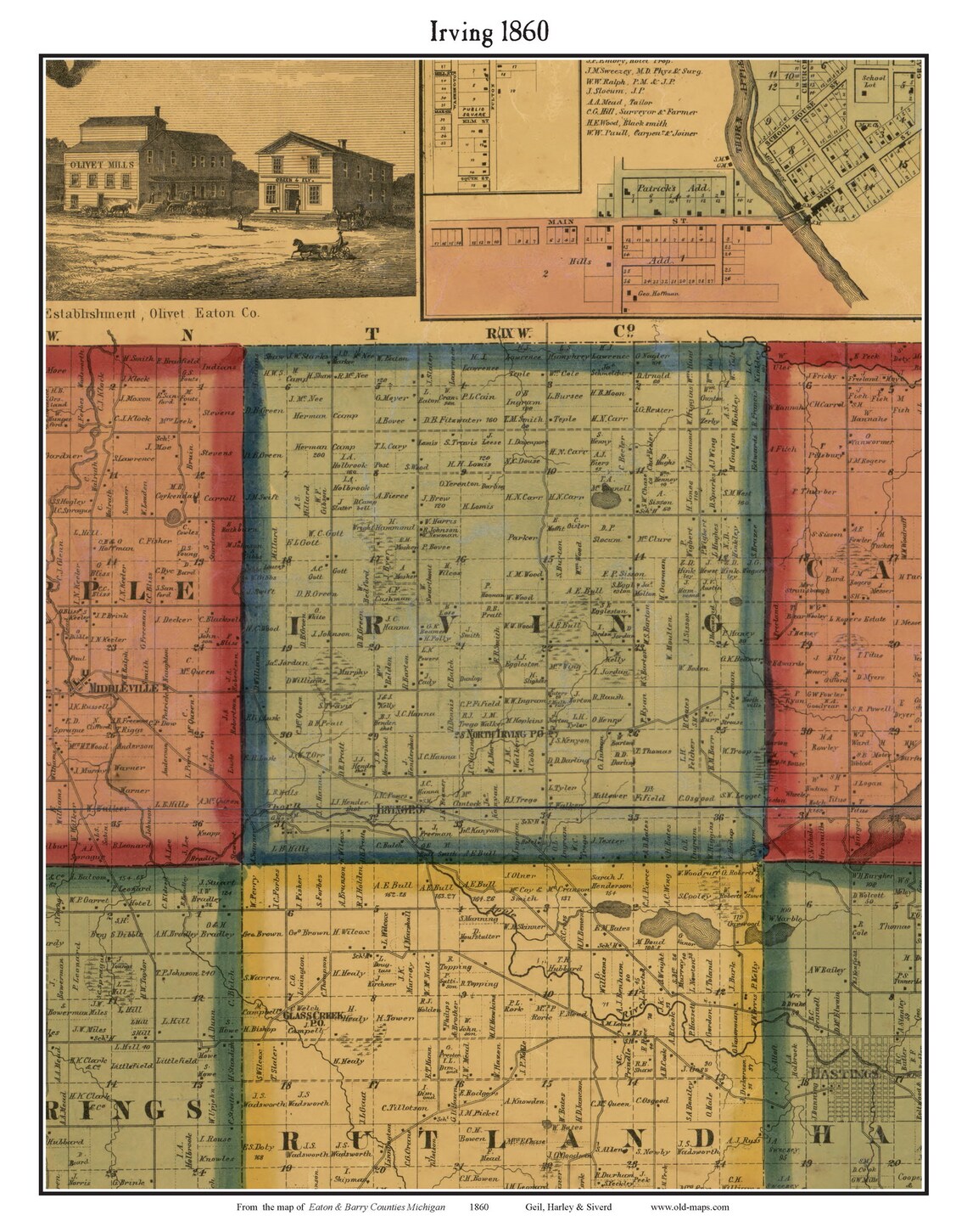 Irving 1860 Old Town Map With Homeowner Names North Irving Michigan ...