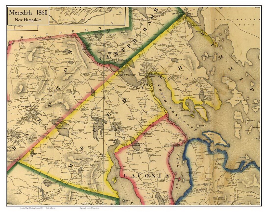 Meredith 1860 Old Town Map With Homeowner Names New Hampshire - Etsy