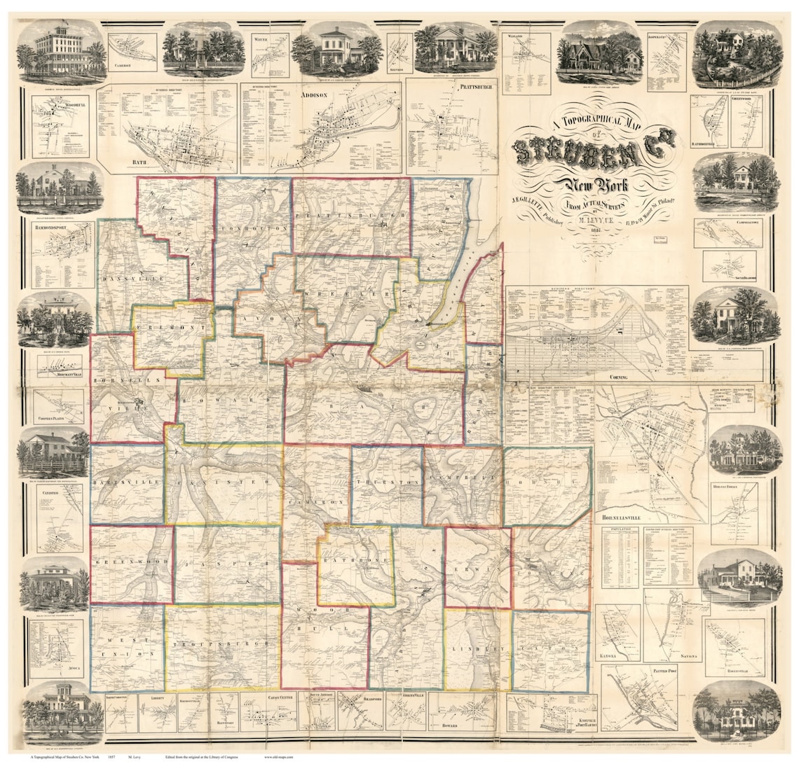 Steuben County New York 1857 - Old Wall Map Reprint With Homeowner ...