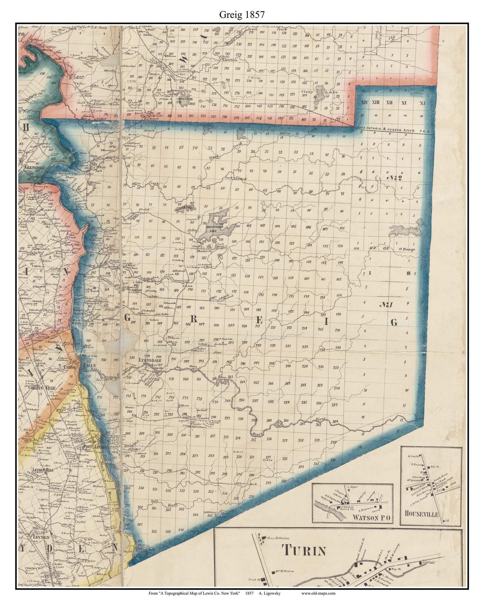 Greig 1857 Old Town Map With Homeowner Names New York Lyons Falls ...