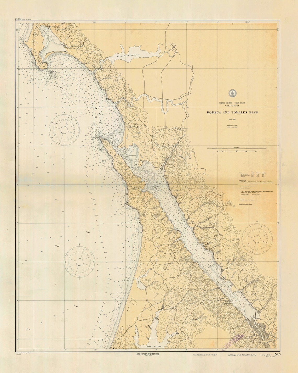 Bodega & Tomales Bay 1933 Nautical Map Dillon Beach Avalis Beach ...