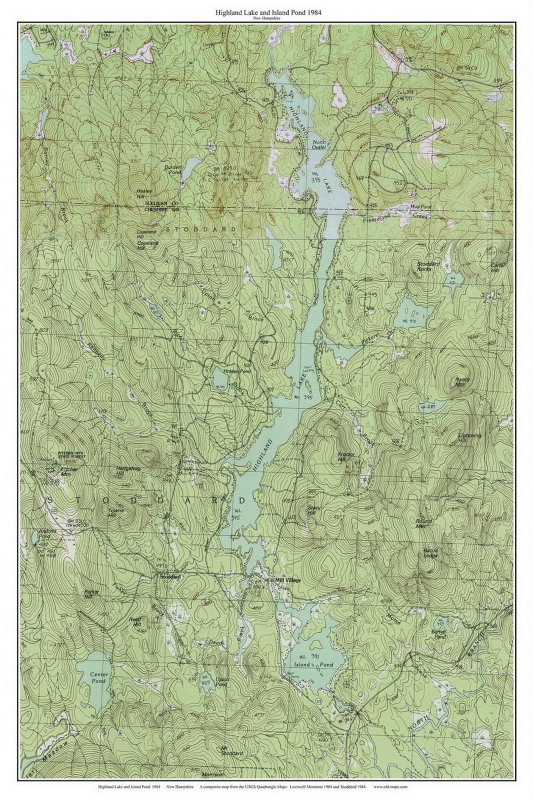 Highland Lake and Island Pond 1984 Old Topographic Map Stoddard Mill ...
