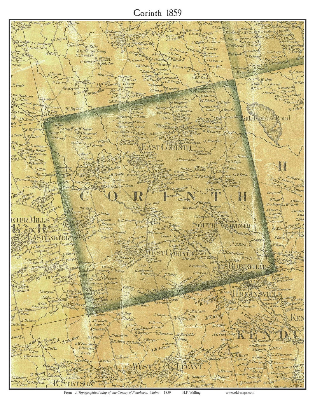 Corinth 1859 Old Town Map With Homeowner Names Maine - Reprint ...