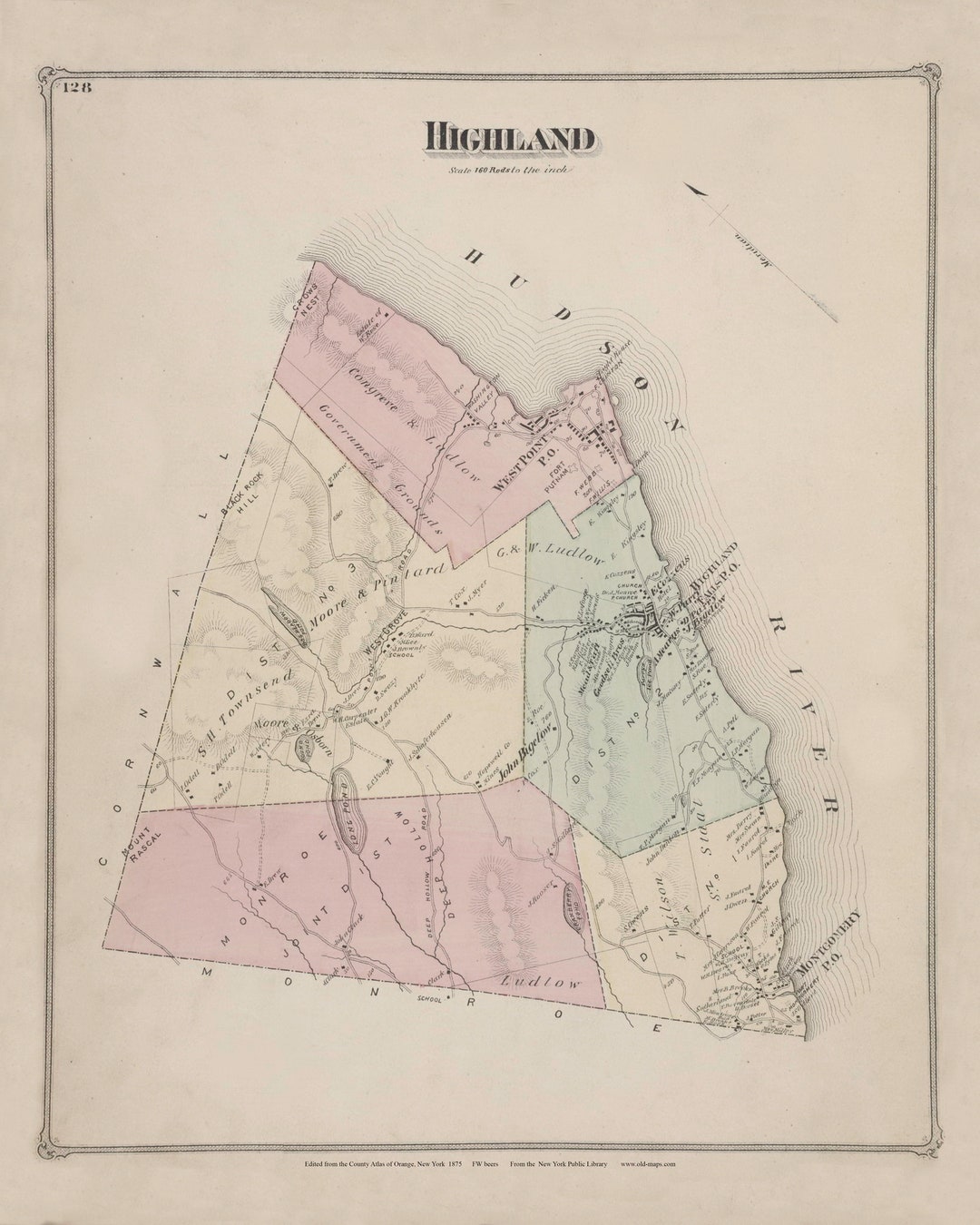 Highland 1875 Map Homeowner Names West Point Highland Falls Montgomery ...
